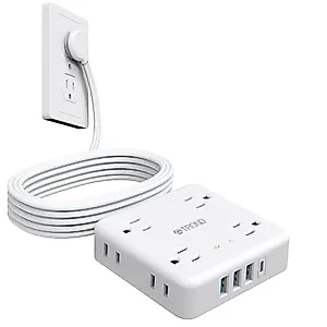 Flat Plug Power Strip - TROND 10FT Thin Flat Extension Cord Surge Protector with 3 USB-A & 1 USB-C Port, Slim Cord with 8 Widely-Spaced Outlets, 1440J, Wall Mount for Home Office Dorm Room, White