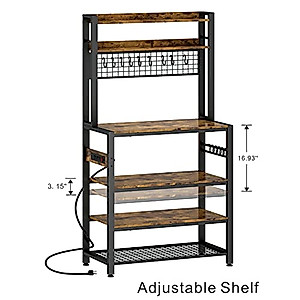 HHETOGOL Carbon Steel Bakers Racks for Kitchens with Storage, Bakers Rack with Power Outlet, Coffee Bar, Kitchen Storage Rack with 10 S-Hooks, Kitchen Shelves for Spices, HPJ01B