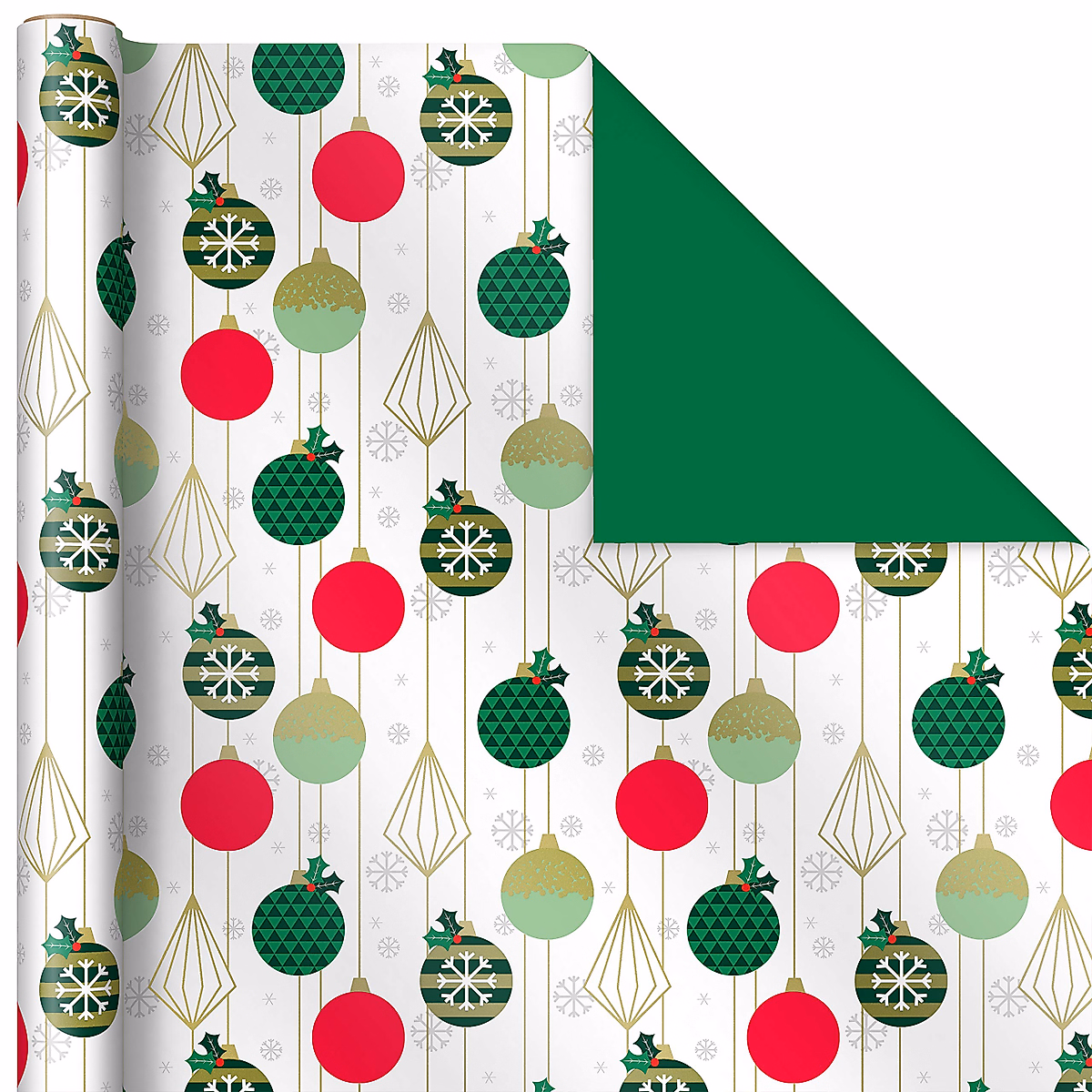 Hallmark Reversible Christmas Paper (3 Rolls: 120 sq ft TTL) Retro Ornaments, Stripes Gift Wrap, Tri-Pack, Elevated Geometric