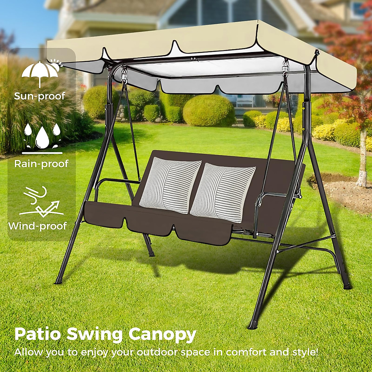Patio Swing Canopy for 3-Seat Swings,Waterproof & Sunproof Porch Swing Chair Top Cover Replacement for Sunshade, Made of 190T High-Density Polyester, 75 x 52 x 6’’(seat Cover is not Included)