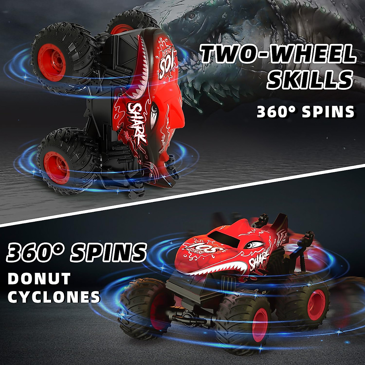 Remote Control Monster Truck Toys, 1:20 Scale RC Shark Monster Trucks with Light & Music, 2.4Ghz Remote Control Car Boys 4-7 & 8-12, Remote Control Truck with 360° Spin Walk Upright & Drift