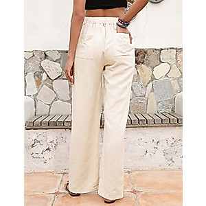 HEEKPEK Linen Pants for Women High Waisted Trousers Straight Wide Leg Flowy Pant Casual Button Up Summer Beach Pants Beige