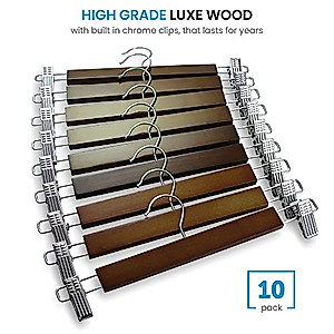 High-Grade Wooden Pants Hangers with Metal Clips Grip Clip Pants Hanger, Smooth Finish Solid Wood Jeans/Skirt Hanger, 360° Swivel Hook - Clip Hanger for Pant, Skirts, Slacks - 10 Pack, Vintage Wood