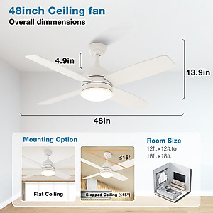 warmiplanet Ceiling Fan with Lights Remote Control, 48-Inch, White, 4-Blades
