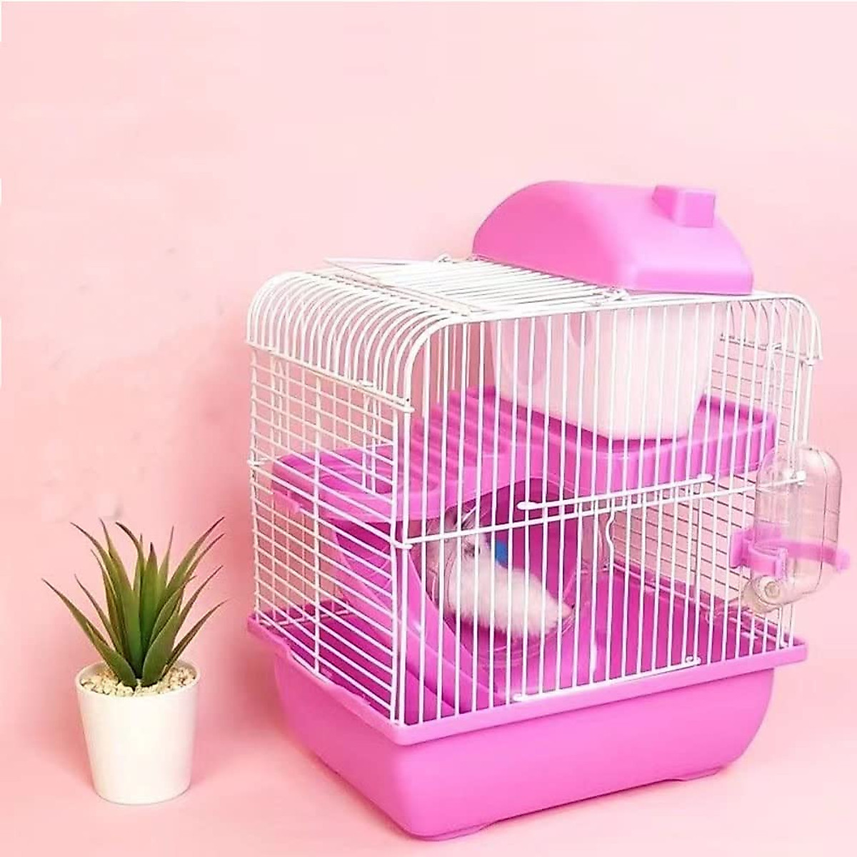 Zhang Ku 2-Tier Portable Travel Cage for Small Animals, Dwarf Hamster Travel Carrier with Carry Handle Exercise Wheel Water Bottle and Food Dish, 6.7 x 11.8 x 9.1 Inch (Pink) (SSS441)