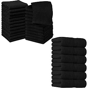 Utopia Towels Premium Bundle - Cotton Washcloths Black (12x12 inches) Pack of 24 with Black Hand Towels 600 GSM (16 x 28 inches), Pack of 6