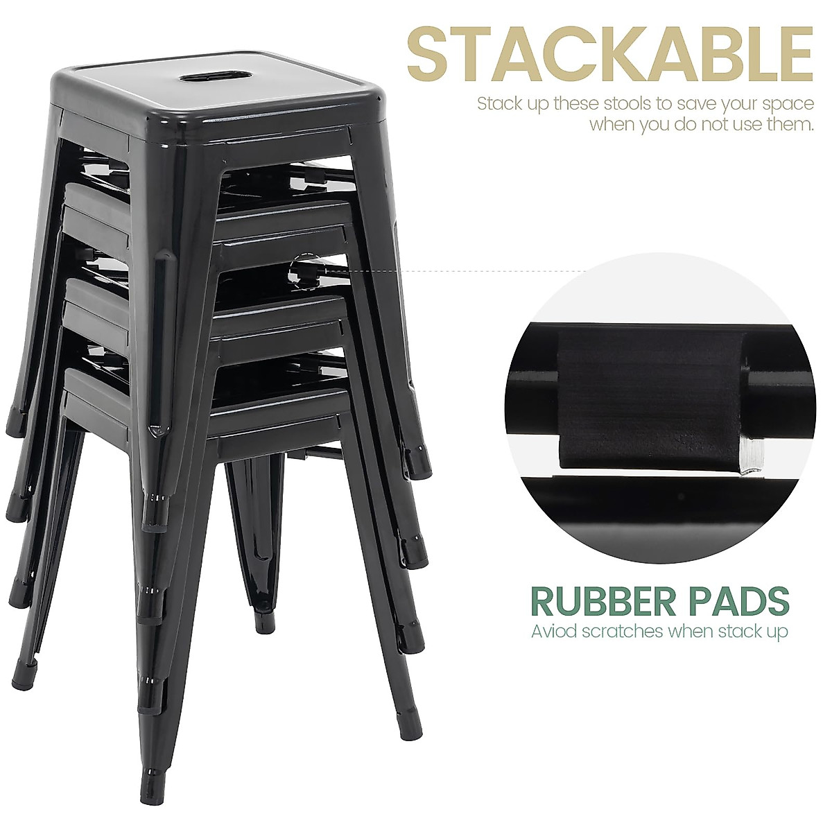 Brage Living 18 Inch Industrial Metal Stools Set of 4, Stackable Classroom Stools, Backless Metal Dining Chairs for Indoor Outdoor, Kitchen Short Stools (Black)