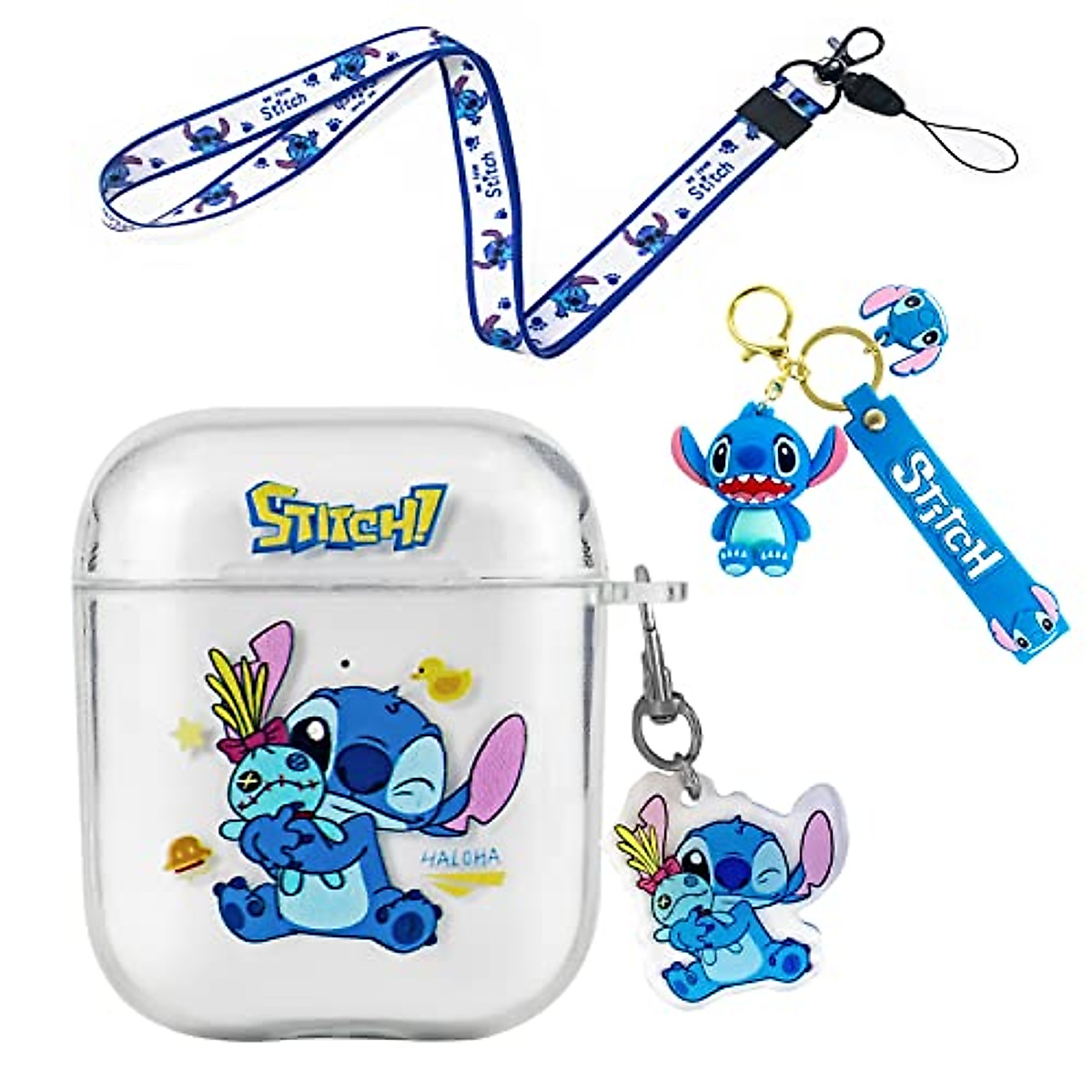 Cute Stith for AirPods 2/1 Case with Lanyard Keychain, Cartoon Funny Anime for Air pod Cover, Clear Shockproof Soft Silicone Protective Skin for Boys Girls Womens