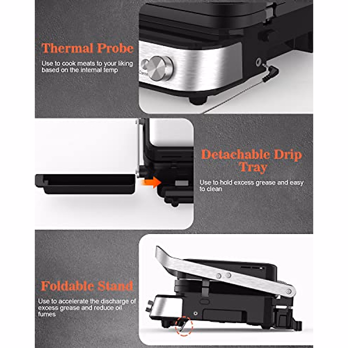 6 in 1 Indoor Grill with Waffle Plates, Panini Press Grill Sandwich Maker, CATTLEMAN CUISINE Electric Contact Grill and Griddle with Removable Nonstick Grill Plates, Smart Probe, LCD Display, 1600W