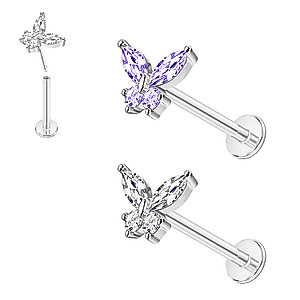 FLOGWE 2PCS 16G 316L Pushin Lip Rings Top Push in Threadless Nose Stud Rings Top Push in Threadless Surgical Steel Flat Back Nose Studs for Womens