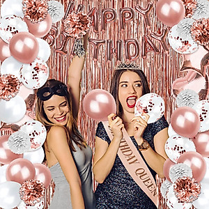Guudmua 285 Pcs Rose Gold Party Decorations, Birthday Decorations For Women Or Girl - Knives, Forks and Spoons, Tiara, Butterfly, Sash, Paper Pom Poms, Balloon Stand, Tableware For 25 Guests