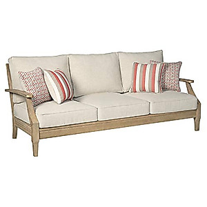 Signature Design by Ashley Clare View Coastal Outdoor Patio Eucalyptus Sofa with Cushions, Beige & Clare View Outdoor Eucalyptus Wood Single Cushioned Lounge Chair, Beige