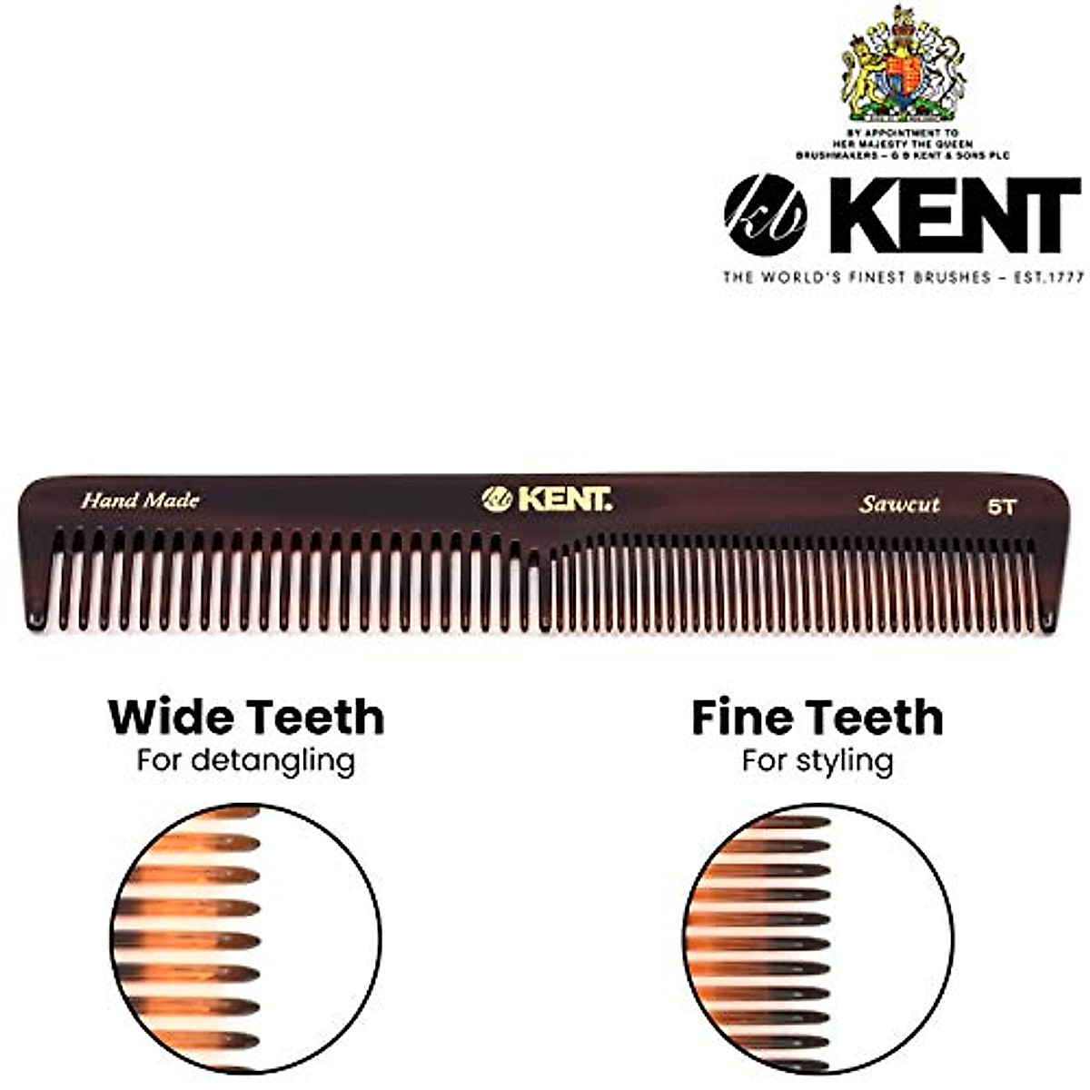 Kent 5T 6.6 Inch Double Tooth Hair Dressing Comb, Fine and Wide Tooth Dresser Comb For Hair, Beard and Mustache, Coarse and Fine Hair Styling Grooming Comb for Men, Women and Kids. Made in England