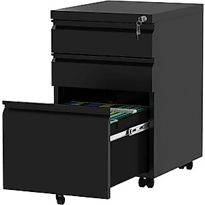 3 Drawer Mobile File Cabinet with Lock, Under Desk Metal Filing Cabinet for Legal/Letter/A4 File, Fully Assembled Except Wheels, Black