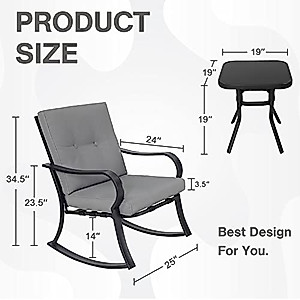 Omelaza 3 Pieces Outdoor Rocking Bistro Set, Patio Steel Furniture, Porch Chairs Conversation Set with Thickened Cushion and Glass Top Coffee Table (Grey)
