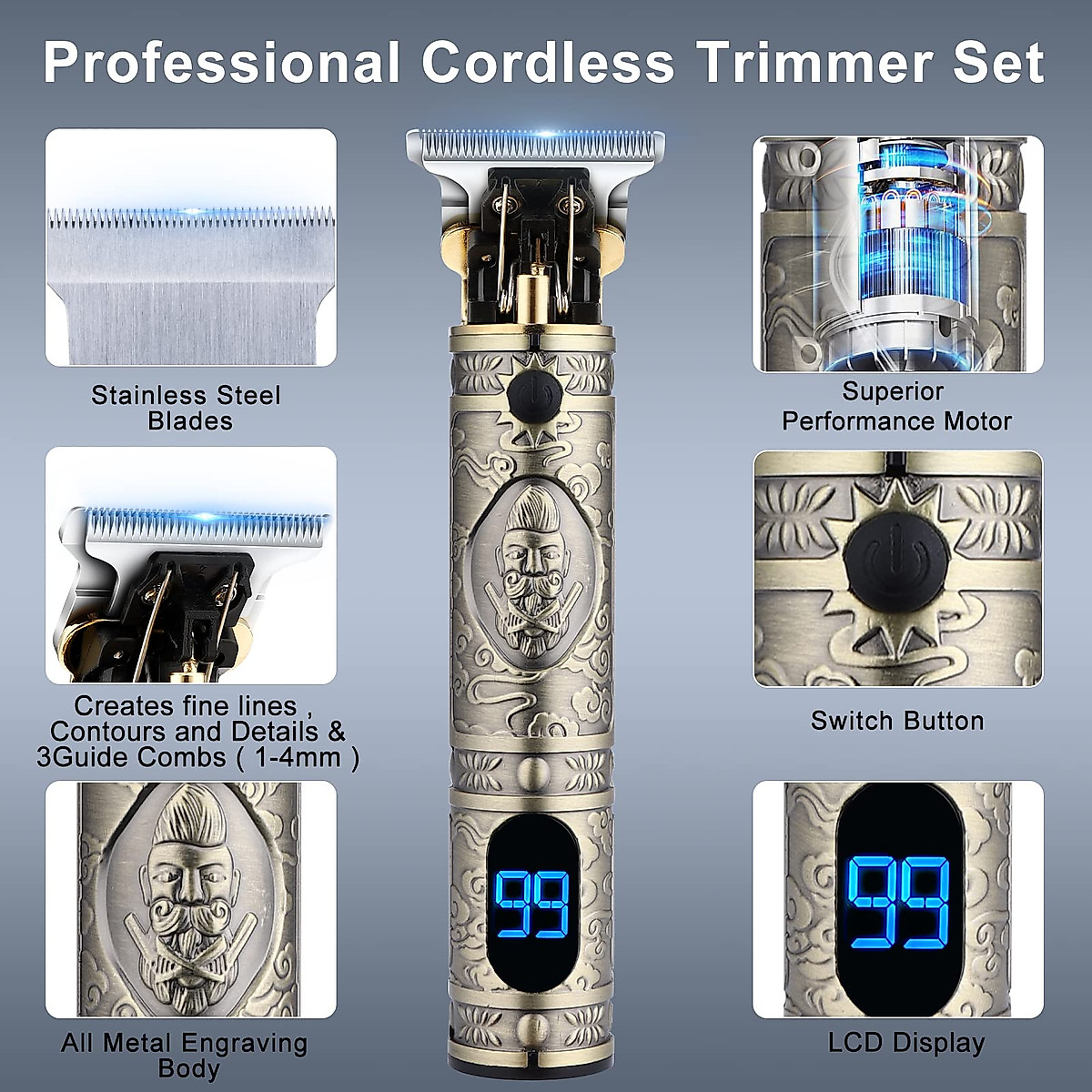 EHJYO Ear and Nose Beard Hair Trimmer for Men Professional Rechargeable Nose Beard Hair Trimmer/Clipper, Electric Shaver Hair Remover for Eyebrow/Ear & Facial LCD Diaplay-Gold