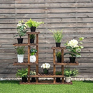 Giantex Flower Rack Wood Plant Stand 7 Wood Shelves 13 Pots Bonsai Display Shelf Indoor Outdoor Yard Garden Patio Balcony Living Room Multifunctional Storage Rack Bookshelf W/Hollow-Out Rack