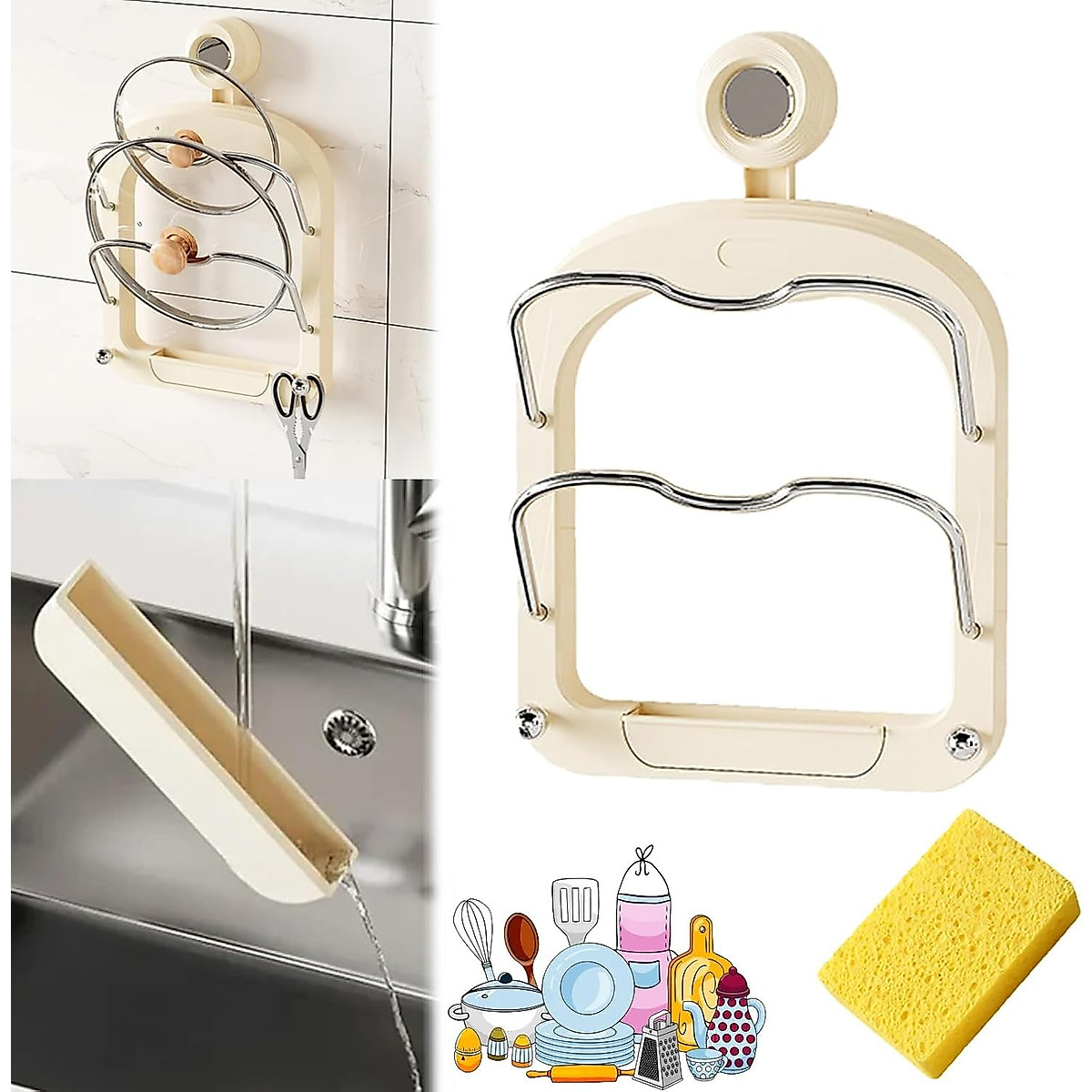 Pot Lid Holder,Suction cup Pot Lid Holder for Cabinet,No Drilling Adhesive Door Wall Mount Cabinet Organizer,Upgrade Multifunctional Pot Lid Organizer for Stovetop Spoon Rest Pot Lids Holder (Beige)