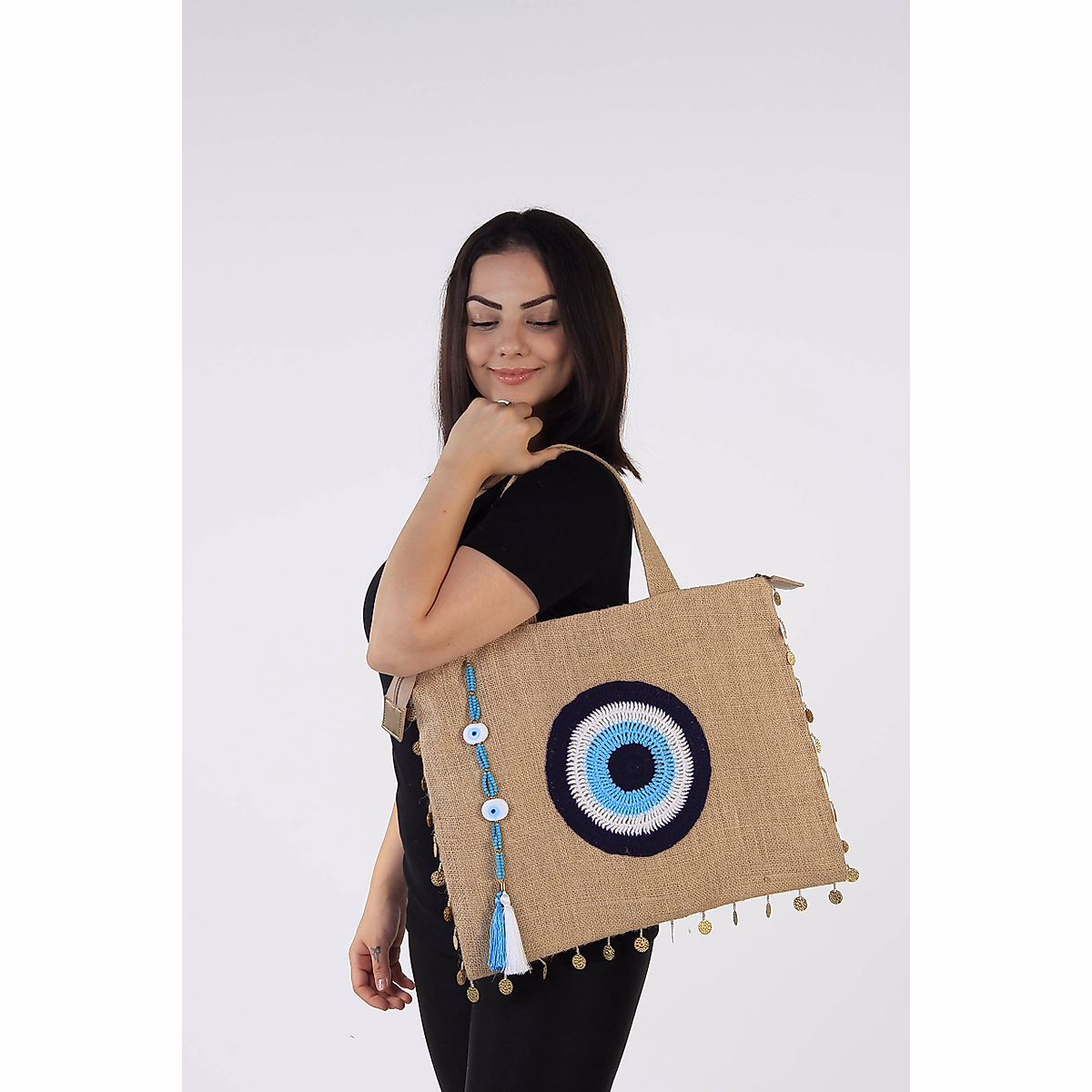 KarensLine Handmade Evil Eye Beach Bags Eco Friendly Bags Shoulder Bag Women Zipper Closure Wipeable Inner Lining