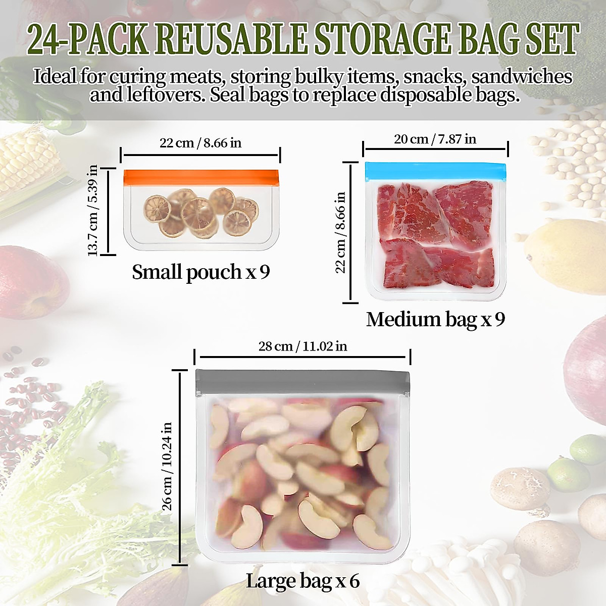 24 Pack Silicone Reusable Storage Bags, Dishwasher Safe Reusable Sandwich Bags BPA Free, Reusable Freezer Bags, Reusable Snack Bags, Gallon Lunch Bags for Food Storage, Marinate, Travel (6L, 9M, 9S)