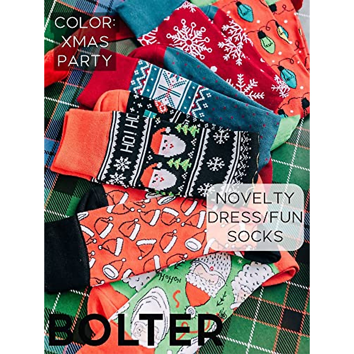 Bolter 6 Pack Men's Christmas Socks Crew Height Dress Socks (Medium, Xmas Party)