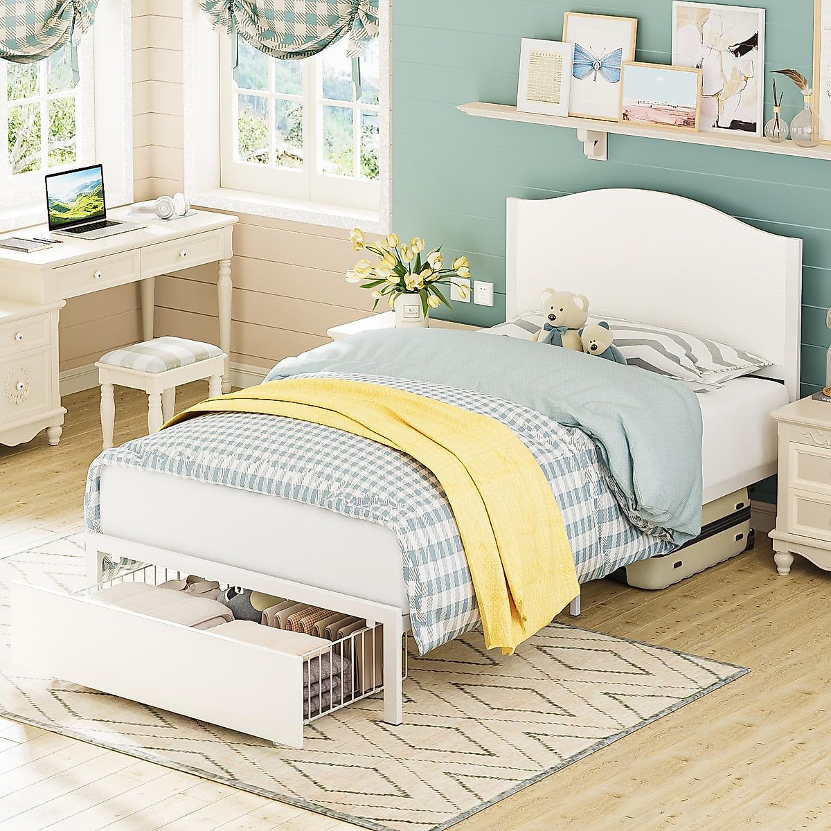Elephance Twin Bed Frames with Under-Bed Drawer and Headboard, Metal Bed Frame No Box Spring Needed, Noise Free, Easy Assembly