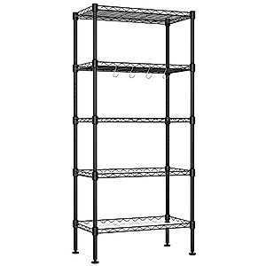 C&AHOME 5-Tier Metal Shelving Unit with Liner, Storage Rack with Adjustable Shelves, Heavy Duty Shelf with 4 Hooks and Leveling Feet Ideal for Kitchen, Bathroom, 23.6"L × 12.8"W × 60.5"H Black UWSU05B