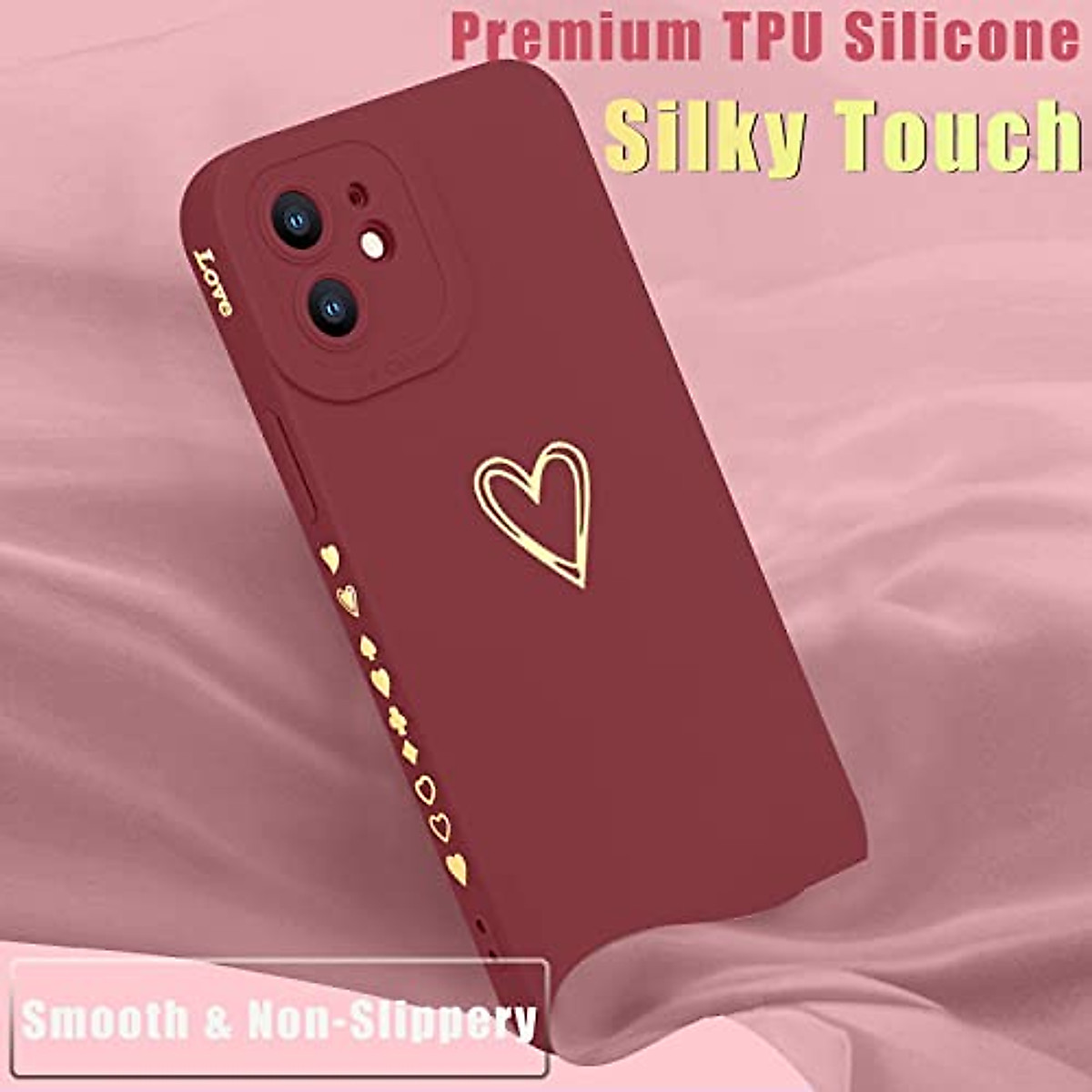 Teageo Compatible with iPhone 12 Case 6.1 inch for Women Girls, Cute Luxury Love Heart [Soft Anti-Scratch Full Camera Lens Protection] Silicone Girly Shockproof Phone Case for iPhone 12-Burgundy