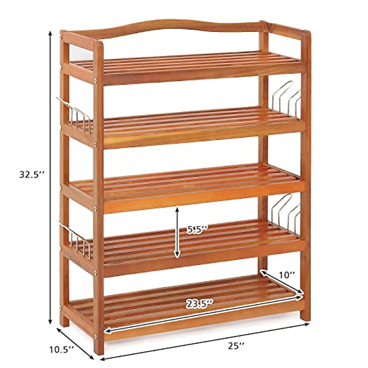 Giantex 5-Tier Shoe Rack, Acacia Wood Shoe Shelf with Side Metal Hooks, Holds up 12-18 Pairs, Shoe Organizer, Shoe Storage, Wooden Shoe Rack for Entryway, 25’’Lx10.5’’Wx32.5’’H