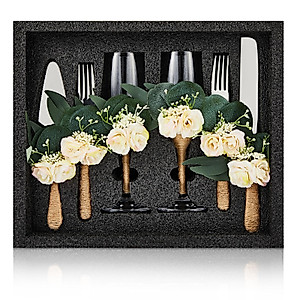 Lallisa 6 Pcs Wedding Cake Knife and Server Set Stainless Steel Cake Knife, Pie Server, 2 Pcs Forks and 2 Pcs Champagne Glasses with Eucalyptus Leaves and Roses Wedding Decorations for Bride Gifts
