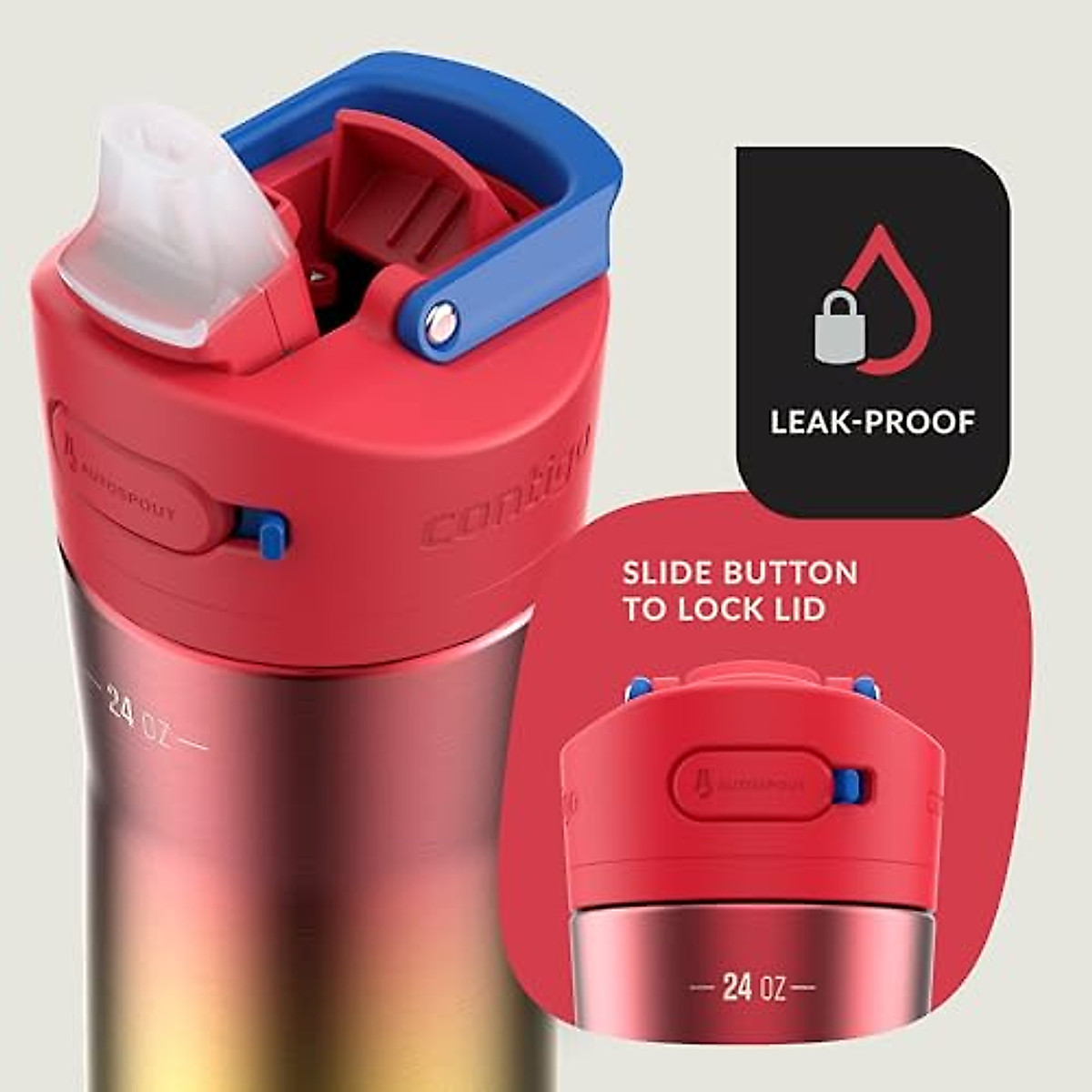 Contigo Ashland Chill Stainless Steel Water Bottle with Leakproof Lid & Straw, Water Bottle with Handle Keeps Drinks Cold for 24hrs & Hot for 6hrs, Great for Travel, School, Work, & More, 24oz