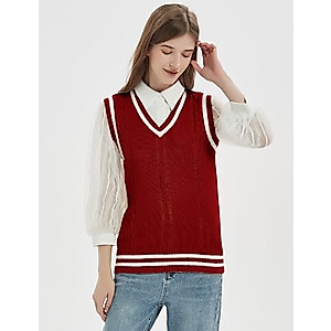 Gihuo Women's V Neck Sweater Vest Uniform Cable Knit Sleeveless Sweater (Wine, Small)