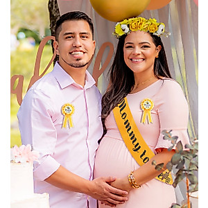 Baby Shower Decoration for Mom To Be and Dad To Be, Yellow Flowers style Tiara + Yellow & Black Sash + Yellow & White "Daddy to be" pin, Maternity Gift for Her and Him