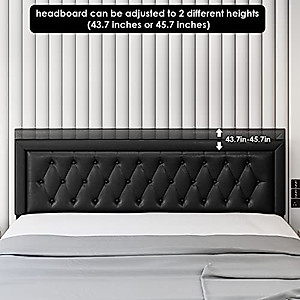 King Bed Frame with 2 Storage Drawers, Leather Upholstered Platform Bed Frame with Button Tufted Headboard, Wooden Slats and Adjustable Headboard Mattress Foundation, No Box Spring Needed, Black