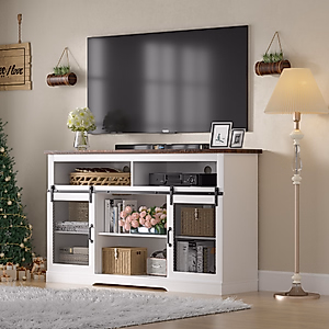 TOLEAD Farmhouse TV Stand for 65 inch TV Farmhouse Entertainment Center with Sliding Barn Doors Console Storage Cabinet for Living Room, Bedroom White