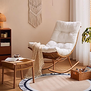 NRNQMTFZ Upholstered High-Back Glider Chair,Patio Rattan Rocker Chair with Cushions & Steel Frame, All-Weather Rocking Lawn Wicker Furniture for Garden Backyard Porch(White)