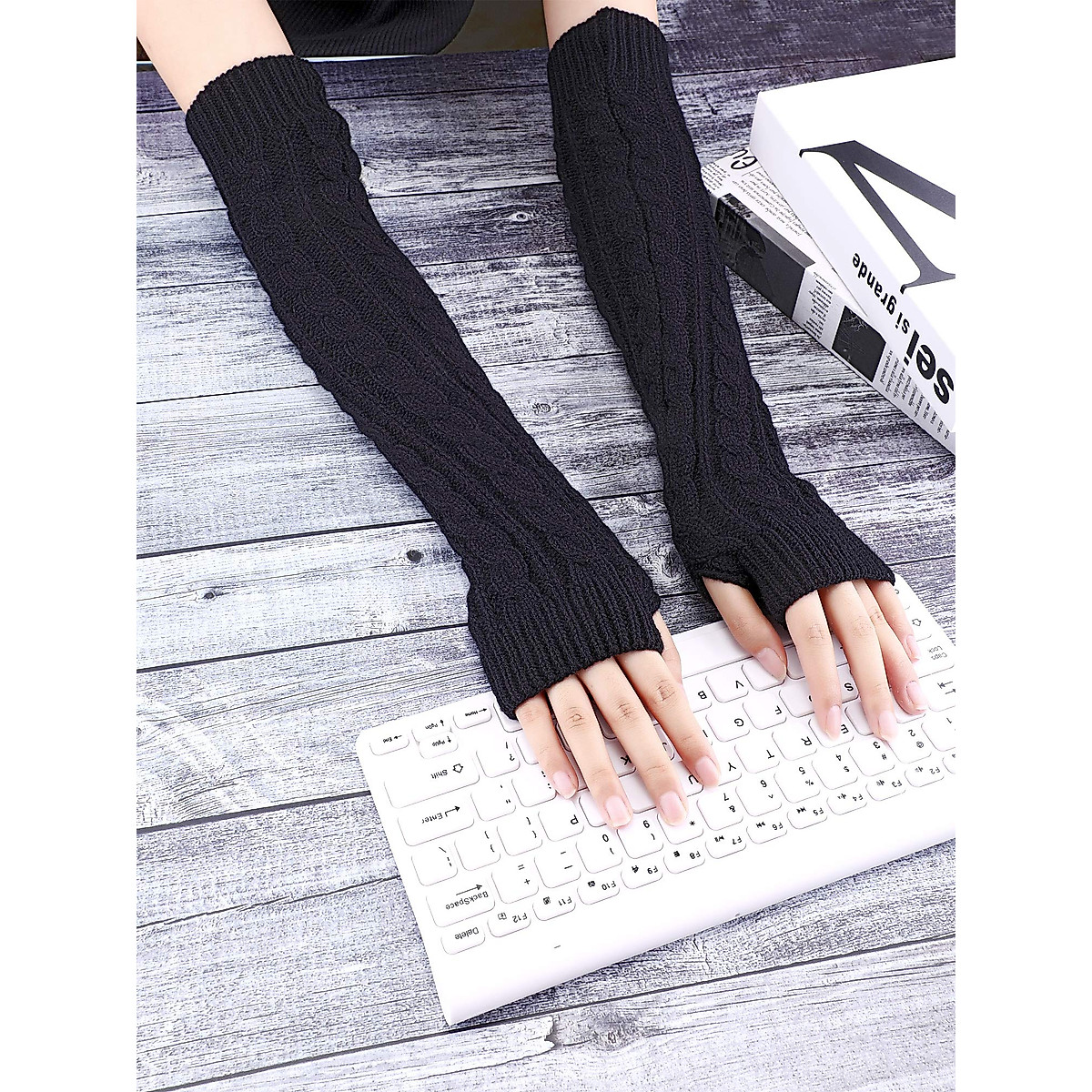 Bememo 3 Pairs Arm Warmers Long Fingerless Gloves Knit Wrist Warmers with Thumb Hole Open Finger Arm Socks for Women Adult(Black, White, Dark Gray)