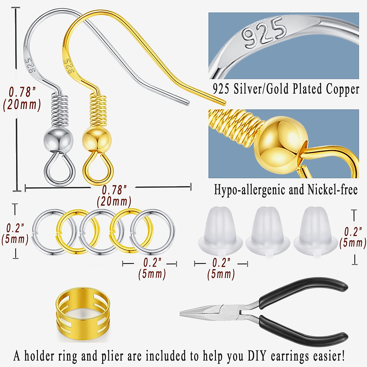 MAIBAOTA Earring Hooks for Jewelry Making, 602 Pcs Earring Making Supplies, 925 Silver and Gold Plated Earring Making Kit, Earring Findings, Jump Ring, Earring Back, DIY Jewelry Making