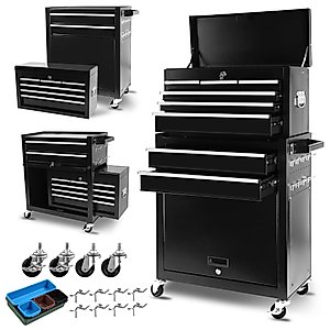 BouPower Tool Chest with 8 Drawers, Rolling Tool Cabinet with Wheels, Mobile Steel Tool Storage Organizer with Detachable Top Tool Box, for Warehouse&Workshop