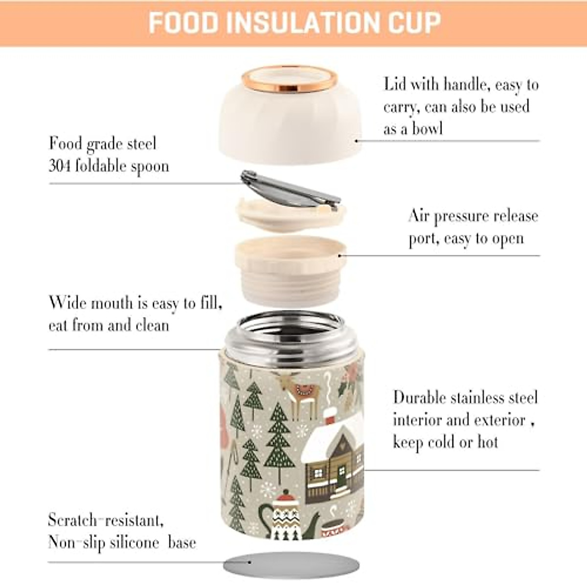 JUNZAN Cute Xmas Winter Fox Bird Kids Womens Insulated Food Jar Container with Spoon 17oz/500ml Food Containers For Hot Food Stainless Steel Vacuum Food Warmer Insulated Containers for Hot/Cold Food