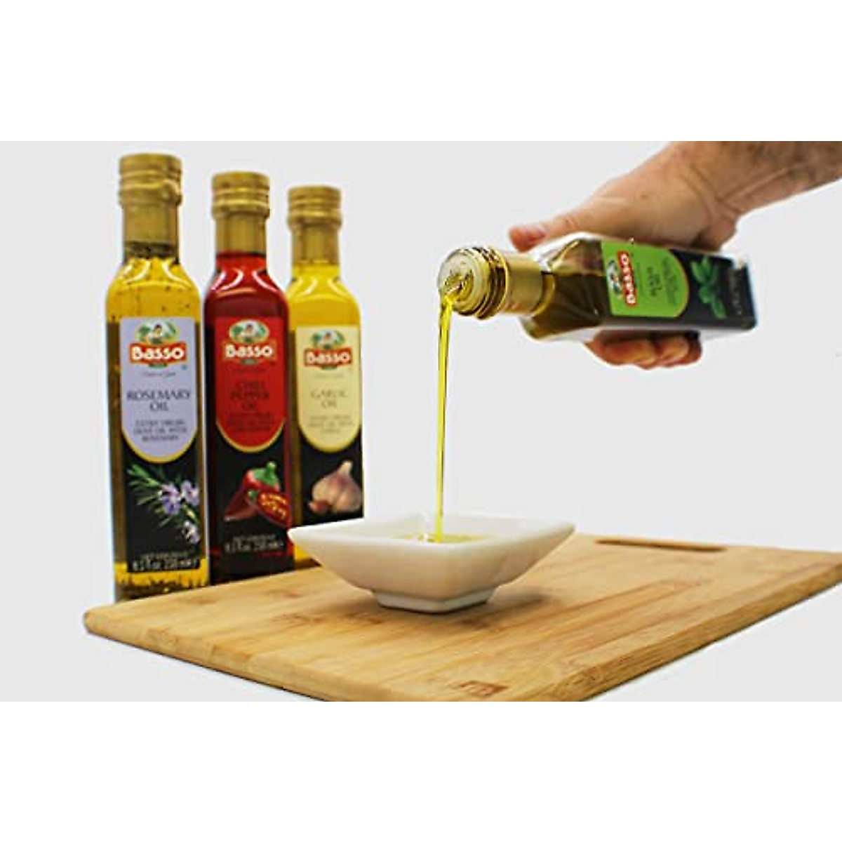 Basso, Garlic, Rosemary, Basil, Chili Pepper, 4 bottles x 8.5 fl.oz (250ml), Naturally Infused Flavored Extra Virgin Olive Oil for Dipping & Tasting, 4 pk Gift Set (Gift Box Included), All Natural, Great Corporate Gift,