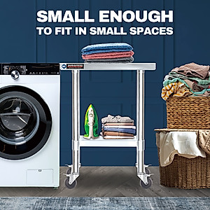 DuraSteel 24x12 Prep Stainless Steel Table - Metal Cart with Adjustable Shelf - NSF Certified Worktable with Wheels - Kitchen, Laundry, Restaurant, Home, Commercial Use