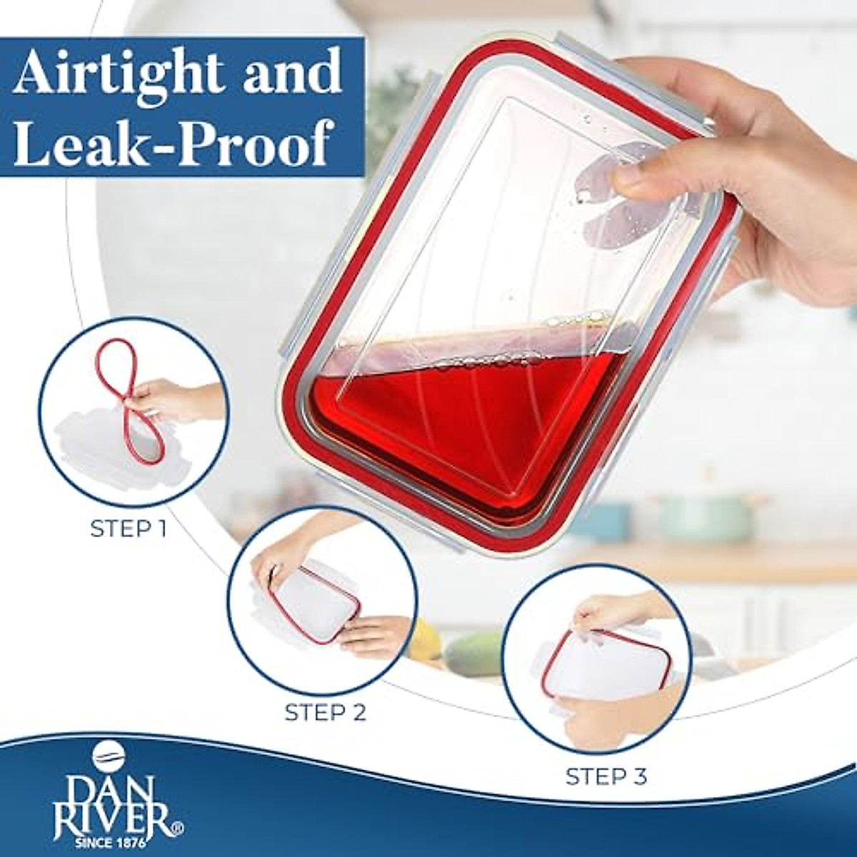 DAN RIVER Reusable Air Tight Plastic Containers with Lids 24-Piece Set (12 Containers & 12 Snap Lids), Leak-Proof & Microwave Safe, Air Tight Food Storage Set, Red