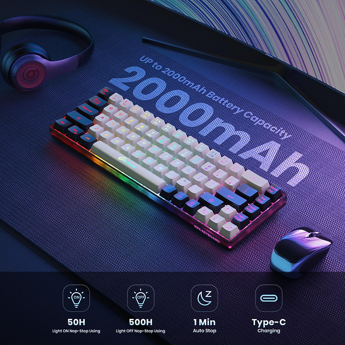 GEODMAER 65% Wireless Gaming Keyboard, Rechargeable Backlit Gaming Keyboard, 68 Keys Ultra-Compact Anti-Ghosting No-Conflict Keyboard for PC Laptop Gamer (White-Black)