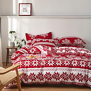 Christmas Duvet Cover Set Queen Size, Red and White Snowflake Xmas Holiday Pattern Design, Soft Microfiber Duvet Cover with Zipper Closure, Includes 1 Duvet Cover and 2 Pillow Shams