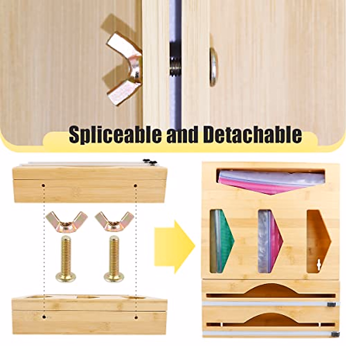 BIBIELF Bag Storage Organizer for Kitchen Drawer, Bamboo Ziplock Bag Storage Organizer Aluminum Foil with Cutter, Wall-mount Plastic Bag Storage Holder for Kitchen Drawer Wall Cabinet