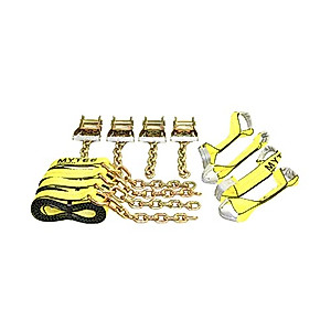 Mytee Products 8 Point Roll Back Vehicle Tie Down Kit with Chain Extension on Both Ends - 18 FT Straps, Ratchet Handles - Working Load Limit 3333 LB - Tow Truck Straps Car Hauler Tie Down System