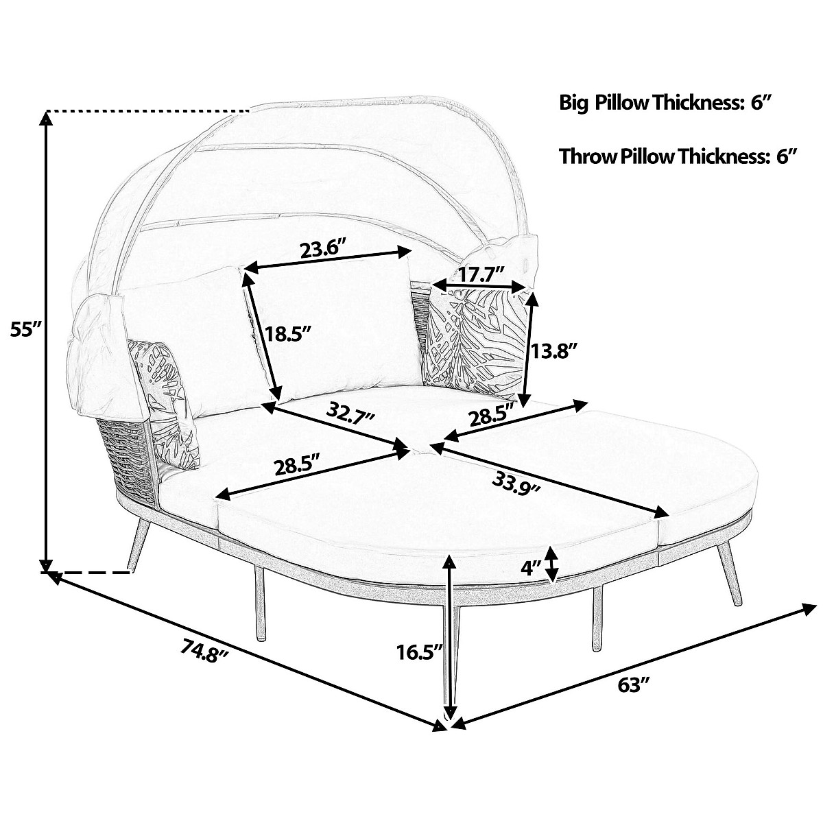 Merax 74.8" L Outdoor Daybed with Retractable Canopy Mattress Included, Patio Rattan Back Loveseat Sofa, Day Bed Throw Pillows and Cushions Set for Backyard, Poolside, Garden, Beige