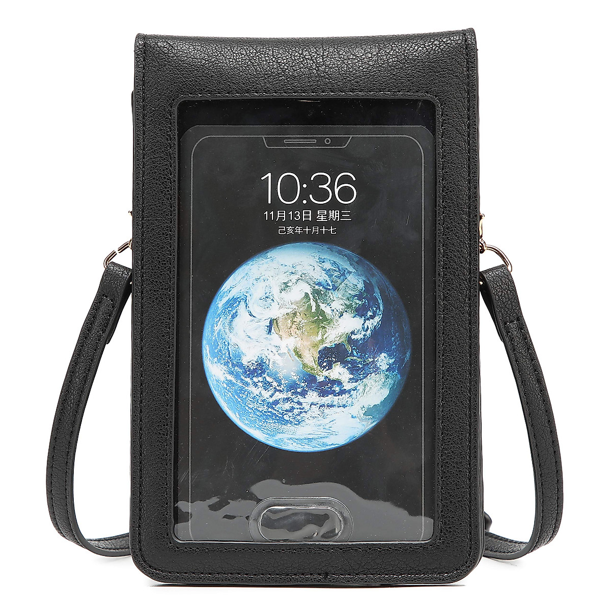 Trendy Phone Case Wallet Crossbody Purse Card Slots Holder Detachable Strap Shoulder Bag (Black-LM6302AB)