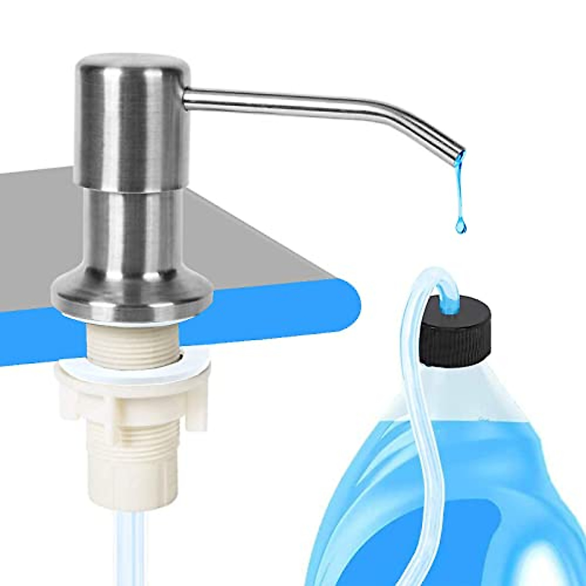 Sink Soap Dispenser for Kitchen Sink and Tube Kit (Brushed Nickel), 47" Tube Connects Directly to Soap Bottle, Large Liquid Soap Bottle,Never Fill The Little Bottle Again(No Bottle)